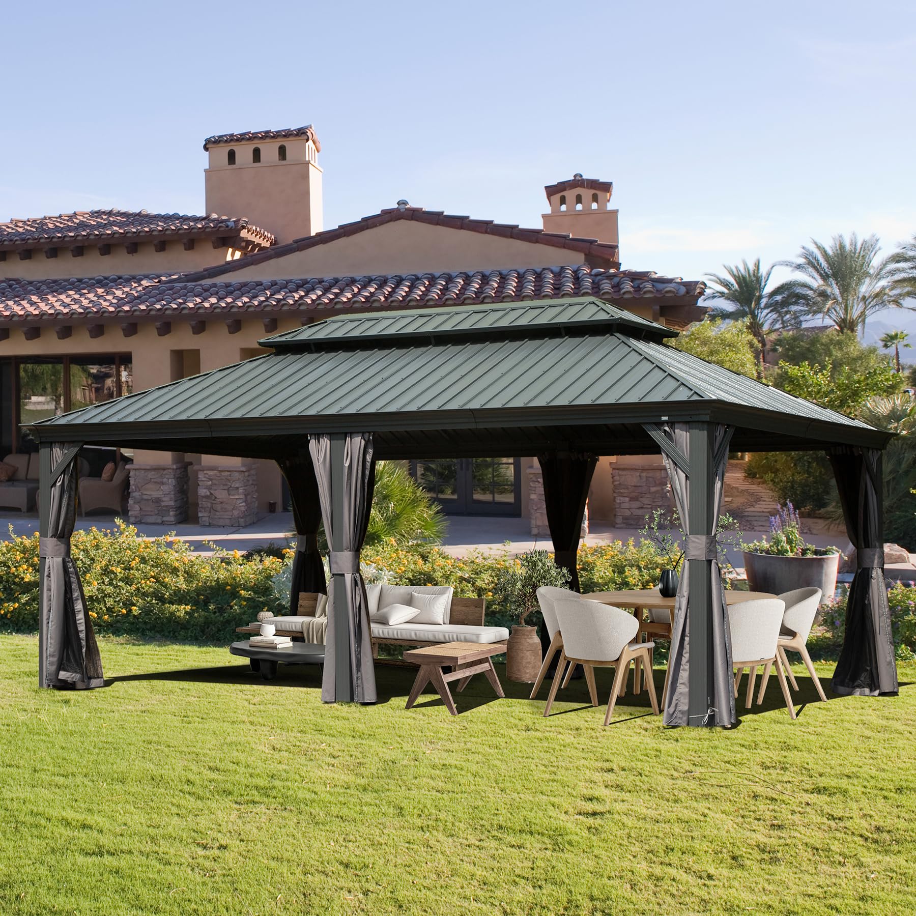 Domi 12' X 18' Hardtop Gazebo Outdoor Metal Gazebo with Galvanized Steel Double Roof Canopy, Aluminum Frame, Curtains and Netting for Patio, Deck, Garden, Grey