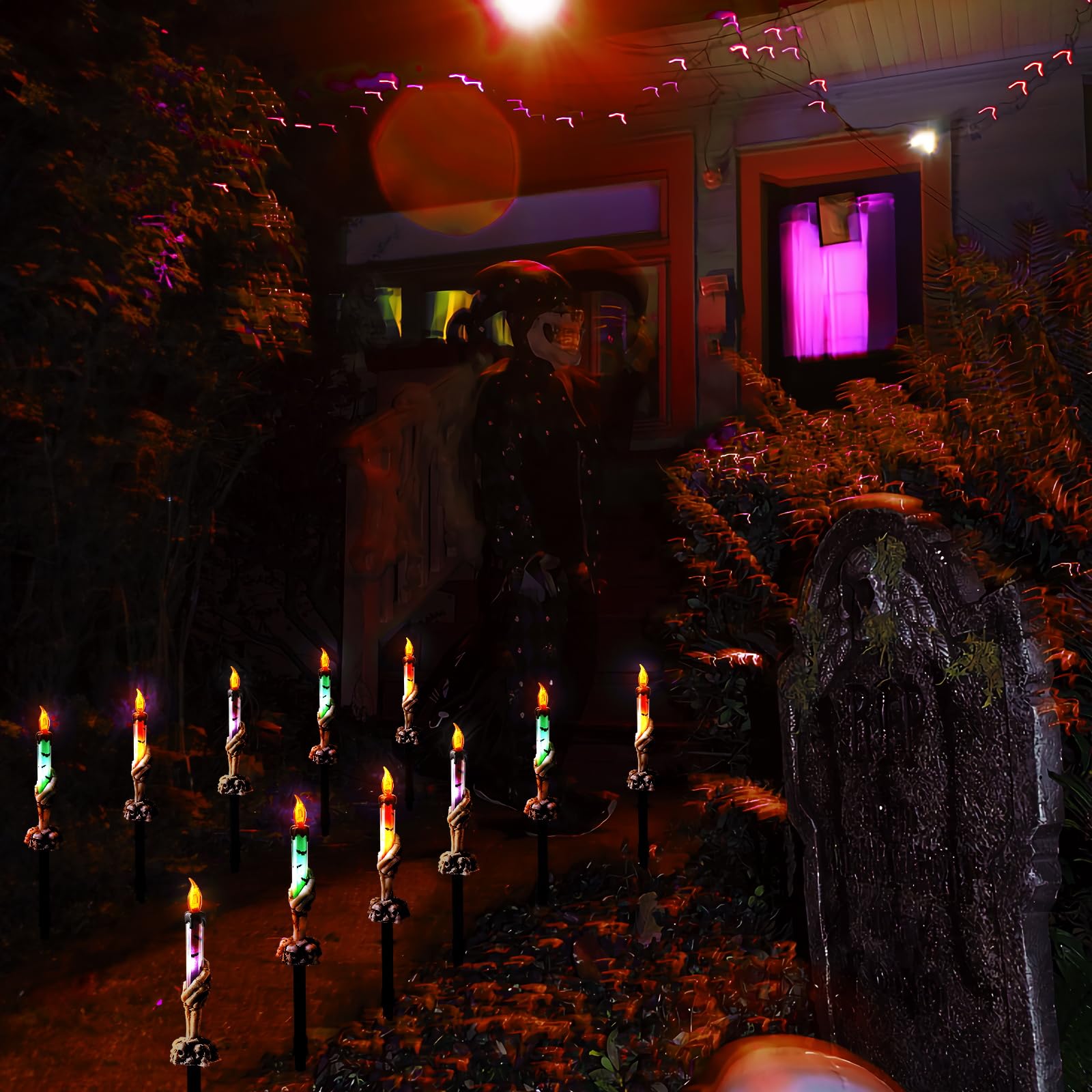 Halloween Solar Candle Light Stakes, 6 Pcs Skeleton Hands Hold Lighted Candle Paito Decor Pathway Makers, Waterproof Light Up Figurine for Outdoor Indoor Halloween Party Decorations