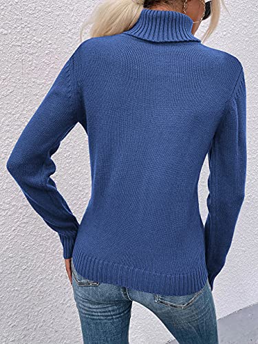 Hongqizo Women Casual Turtleneck Long Sleeve Sweater Cable Knit Pullover Solid Slim Fit Sweater Turtleneck Tops Navy