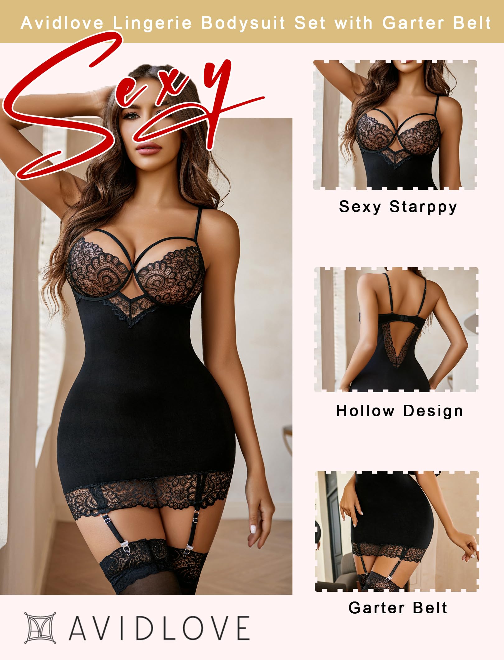 Avidlove Women Lingerie Teddy Bodysuit with Garter Belt Lace Babydoll Full Slips Black