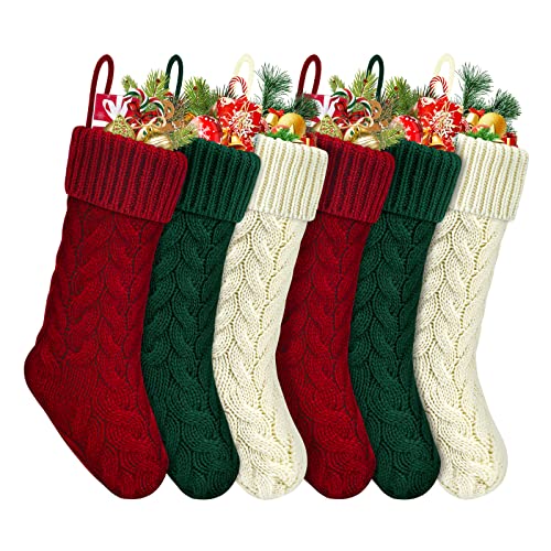 Mukum 6 Pack Christmas Stockings 18" Large Personalized Christmas Stockings Knit Xmas Stocking Christmas Decoration 12 Name Tags 12 Holders Hemp Rope for Home Fireplace Decoration Gifts