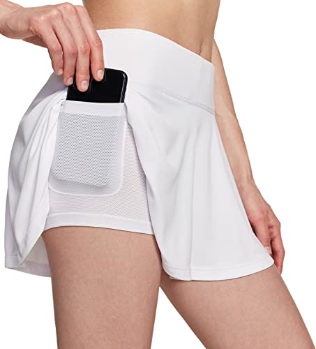 TSLA Women's Athletic Skorts Lightweight Active Tennis Skirts, Workout Running Golf Skirt with Pockets Built-in Shorts, Flared Skorts White, Small