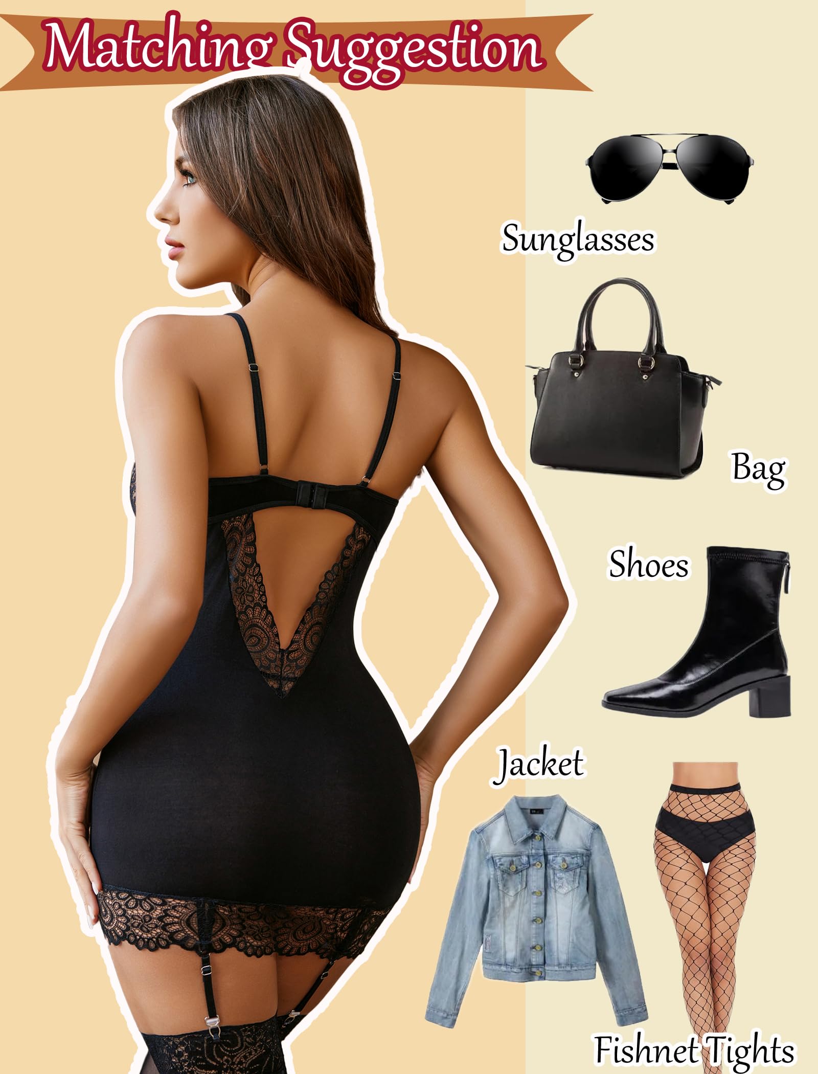 Avidlove Women Lingerie Teddy Bodysuit with Garter Belt Lace Babydoll Full Slips Black