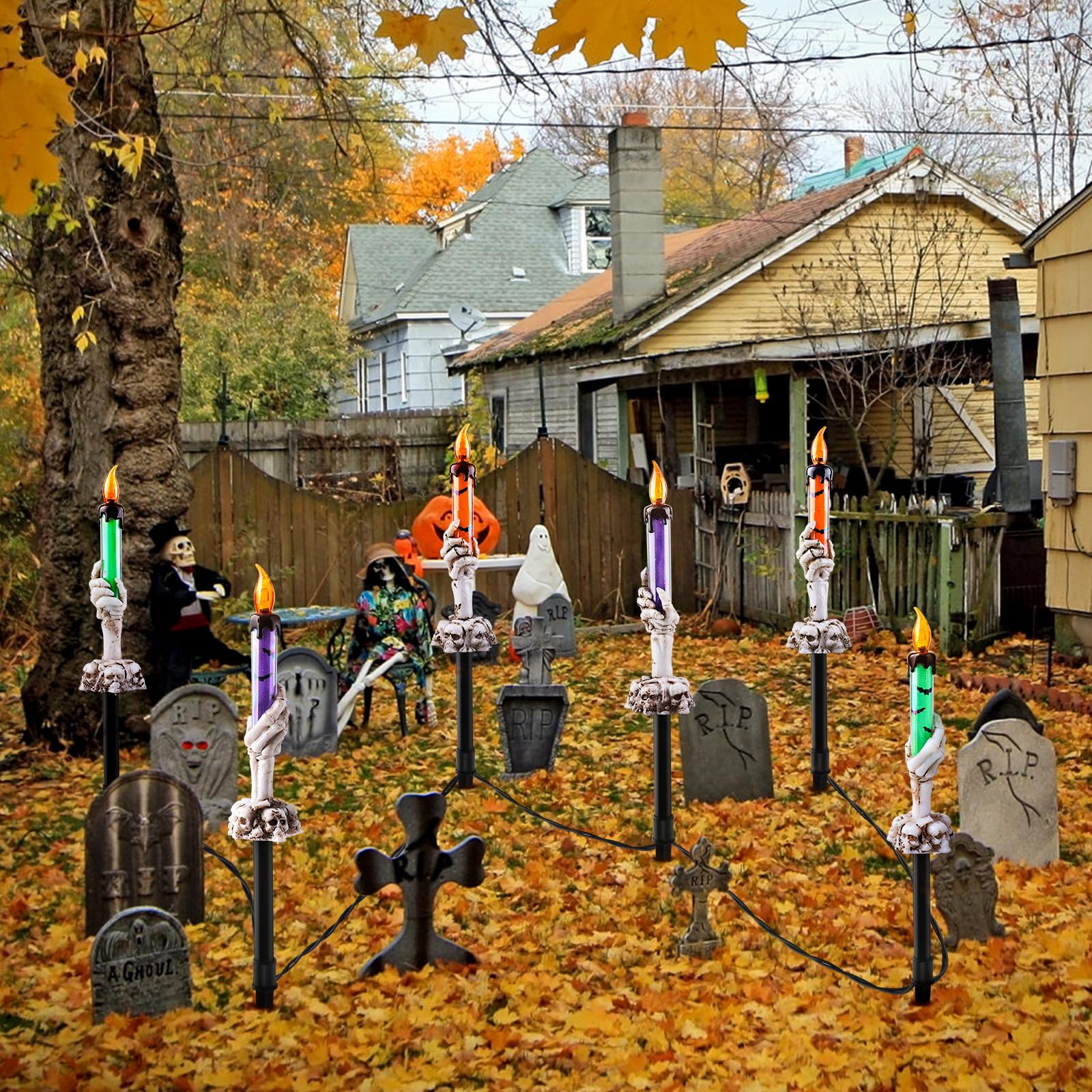 Halloween Solar Candle Light Stakes, 6 Pcs Skeleton Hands Hold Lighted Candle Paito Decor Pathway Makers, Waterproof Light Up Figurine for Outdoor Indoor Halloween Party Decorations