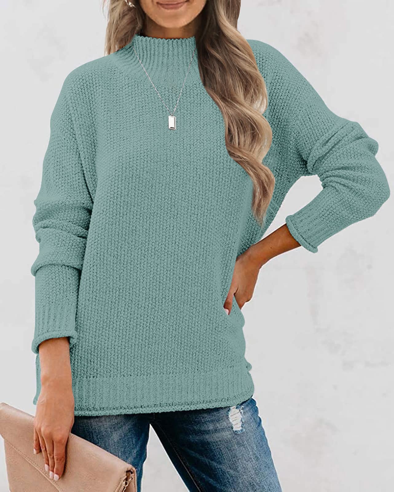 MEROKEETY Women's Long Sleeve Turtleneck Cozy Knit Sweater Casual Loose Pullover Jumper Tops, Sage, Small