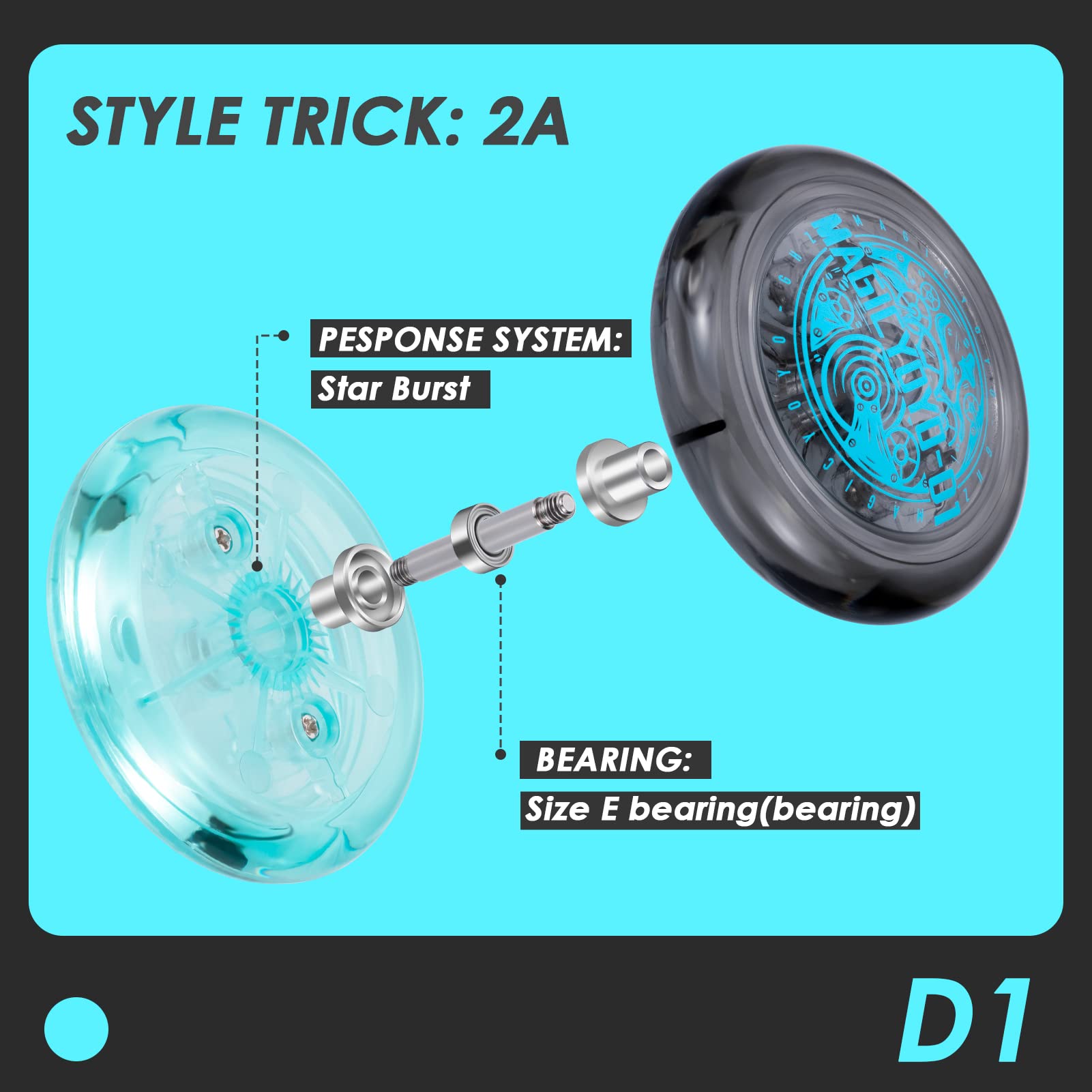Looping Yoyo D1 Responsive Yoyo for Kids - 2A Loop Yoyo for Beginner, Starter Yoyo Easy to Play Basic String Tricks Yoyo with 12 Yoyo Strings, 2 Bags, 2 Yoyo Gloves(Crystal Black and Crystal Blue)