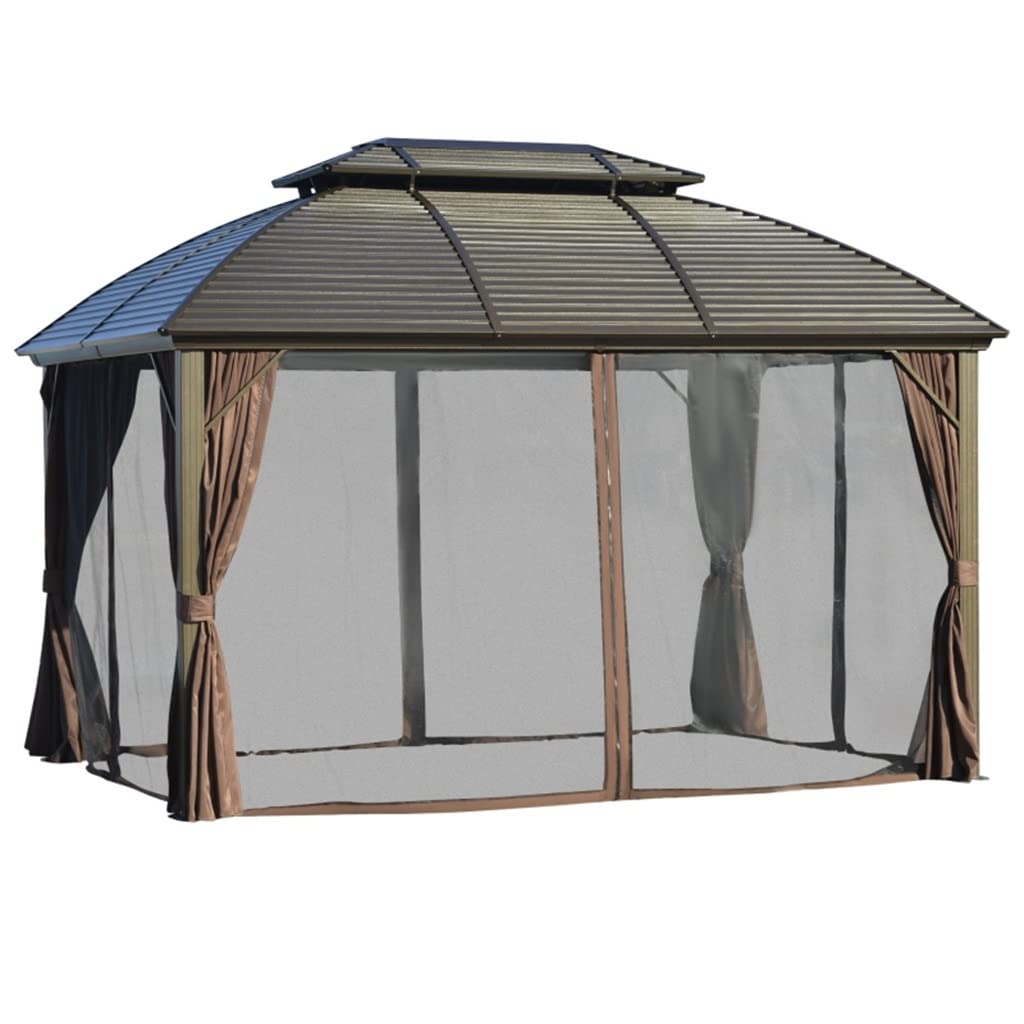 LUKEO 10x12 Hardtop Gazebo with Aluminum Frame, Metal Roof Gazebo Canopy with Curtains and Netting for Gardens, Patios