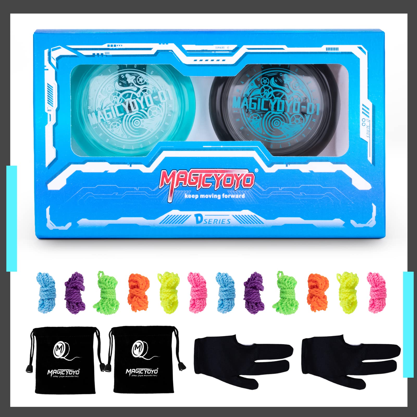 Looping Yoyo D1 Responsive Yoyo for Kids - 2A Loop Yoyo for Beginner, Starter Yoyo Easy to Play Basic String Tricks Yoyo with 12 Yoyo Strings, 2 Bags, 2 Yoyo Gloves(Crystal Black and Crystal Blue)