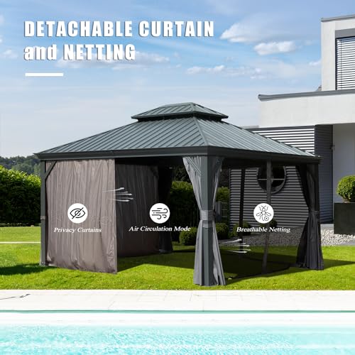 Domi 10'x12' Hardtop Gazebo Canopy,Outdoor Aluminum Gazebo with Galvanized Steel Double Roof,Curtain and Netting Included,Grey