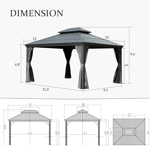 Domi 10'x12' Hardtop Gazebo Canopy,Outdoor Aluminum Gazebo with Galvanized Steel Double Roof,Curtain and Netting Included,Grey
