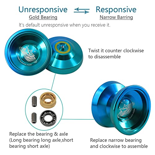 Professional Responsive Yoyo, Aluminum Yo Yo for Kids Beginner, Replacement Unresponsive Ball Bearing for Advanced Yoyo Players + 1 Glove + 5 Yoyo Strings (Blue-Green)