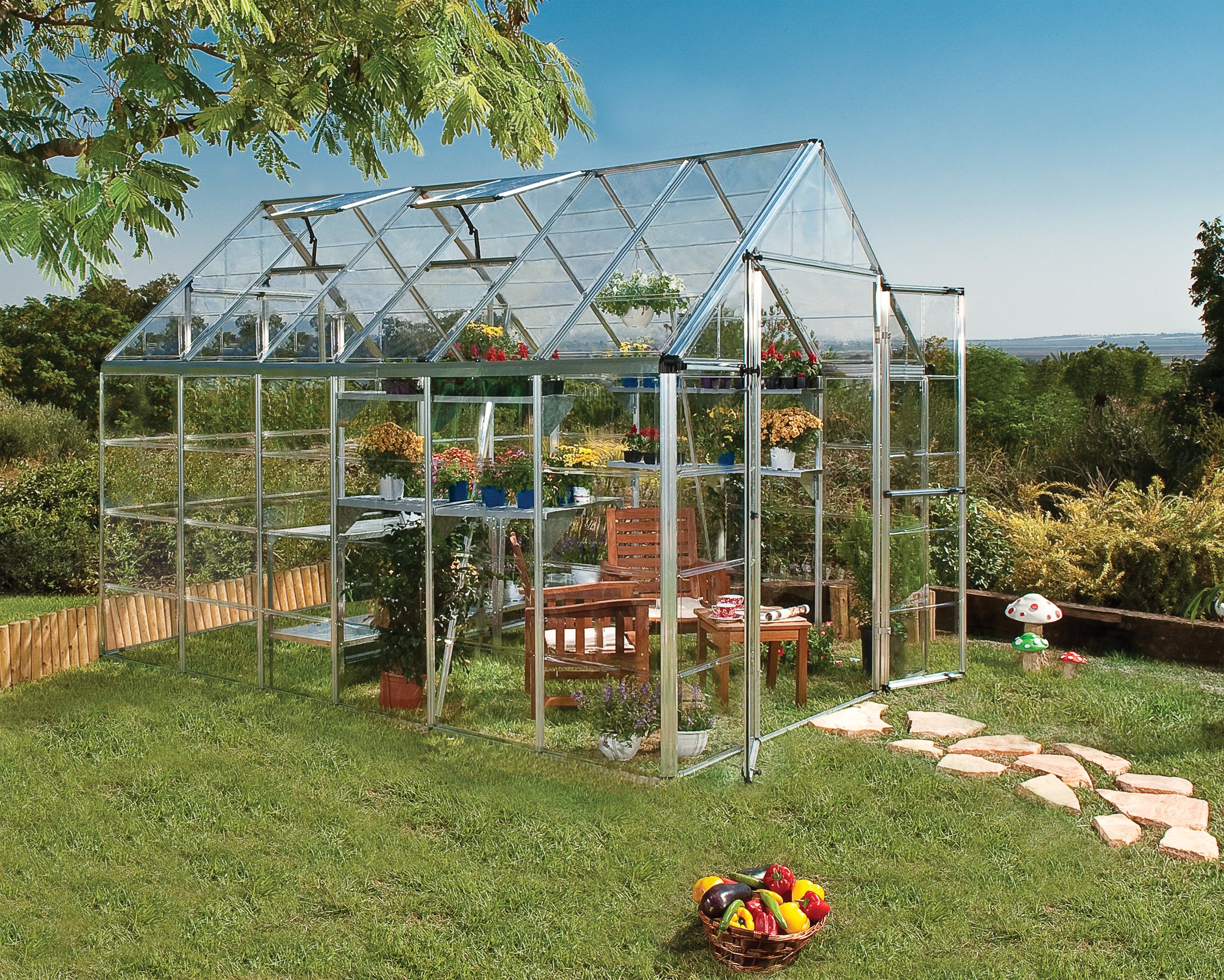 Palram - Canopia Snap & Grow 8 Ft. x 12 Ft. Greenhouse Kit Hobby DIY Walk In Green House Heavy Duty Polycarbonate, Aluminium Frame, with Lockable Door and Vent for Outdoors, Garden, Backyard In Silver