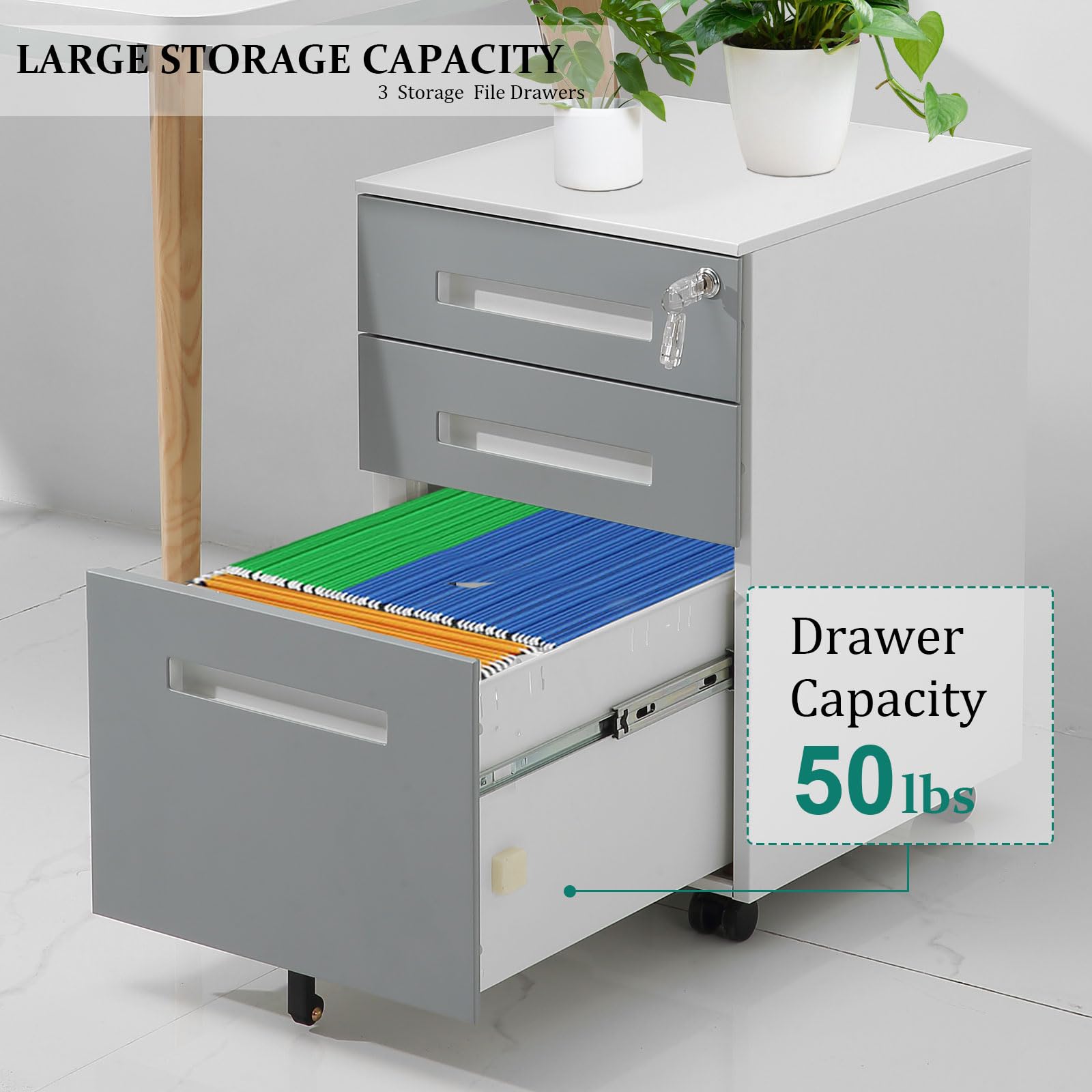 GOOGIC 3-Drawer Mobile File Cabinets, Rolling Metal Vertical Filing Cabinet for Legal & Letter File Anti-tilt Design with Lock Fully Assembled Except Wheel, Gray&White(Style 3)