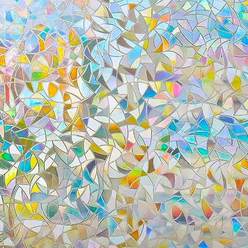 LEMON CLOUD Window Film, Decorative 3D Window Privacy Film and Stained Glass Window Stickers, Rainbow Cling Holographic,No Glue Frosted Anti-UV(3D Half Moon 17.5 x 78.7inches)