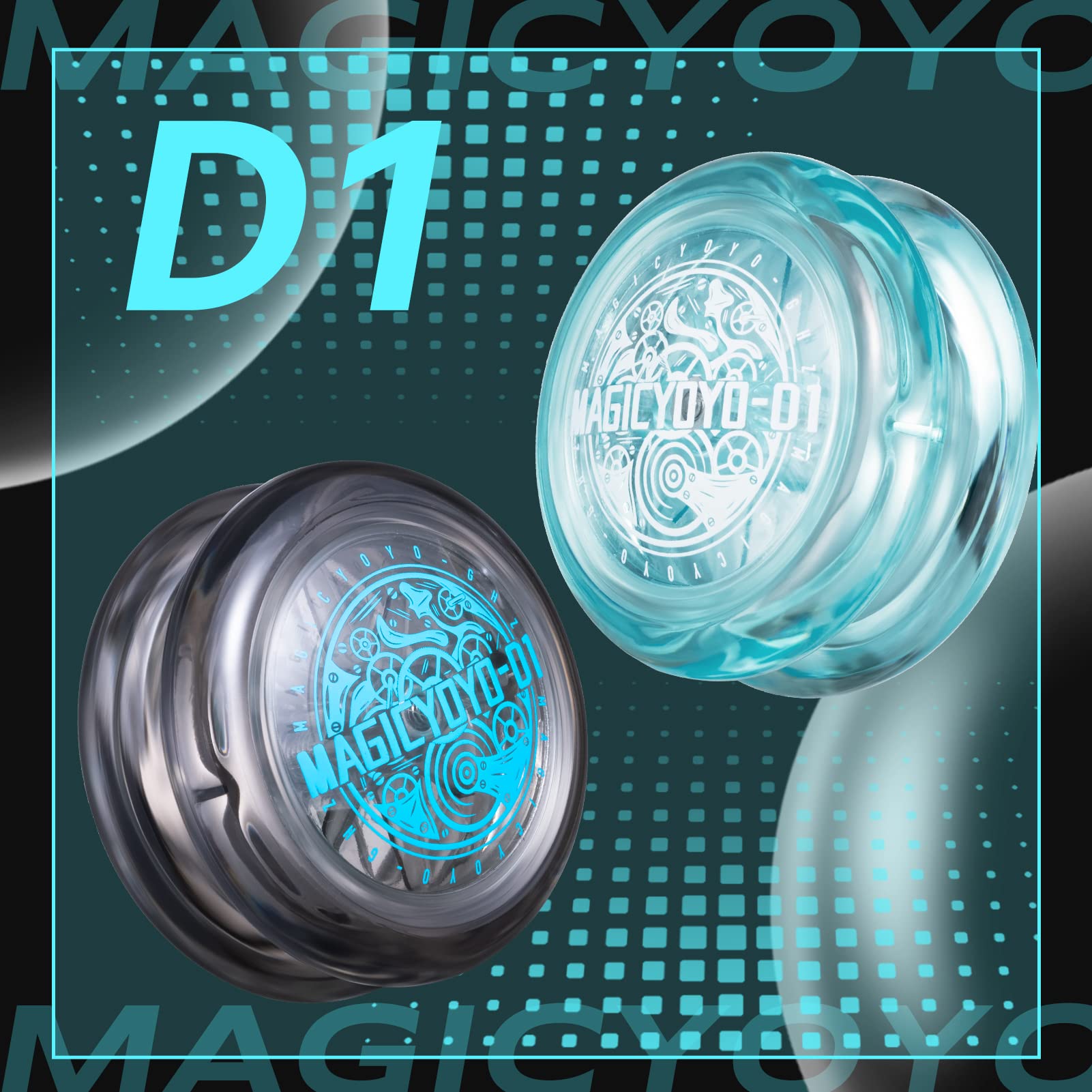 Looping Yoyo D1 Responsive Yoyo for Kids - 2A Loop Yoyo for Beginner, Starter Yoyo Easy to Play Basic String Tricks Yoyo with 12 Yoyo Strings, 2 Bags, 2 Yoyo Gloves(Crystal Black and Crystal Blue)