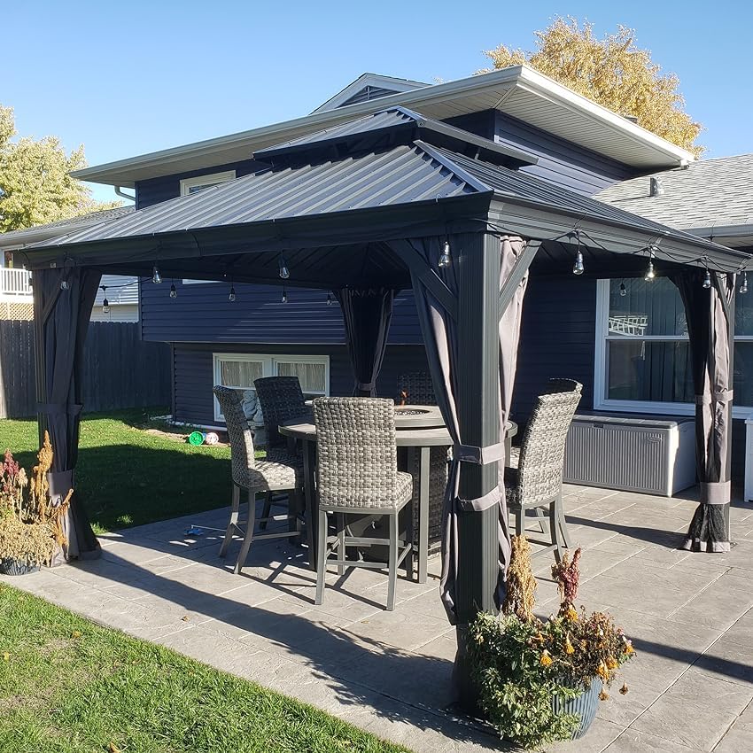 Domi 10'x12' Hardtop Gazebo Canopy,Outdoor Aluminum Gazebo with Galvanized Steel Double Roof,Curtain and Netting Included,Grey