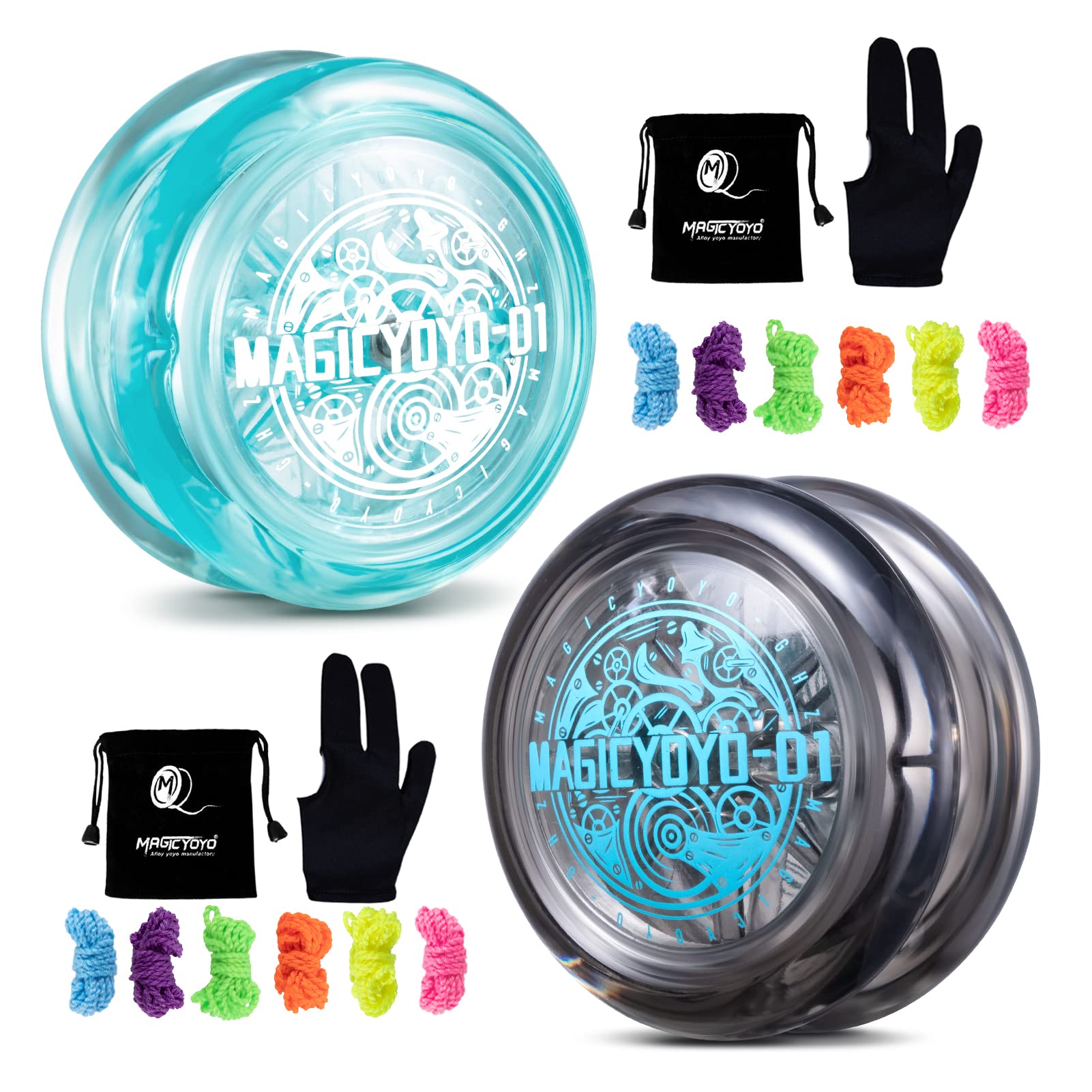 Looping Yoyo D1 Responsive Yoyo for Kids - 2A Loop Yoyo for Beginner, Starter Yoyo Easy to Play Basic String Tricks Yoyo with 12 Yoyo Strings, 2 Bags, 2 Yoyo Gloves(Crystal Black and Crystal Blue)