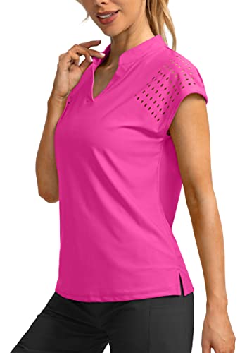 Soothfeel Women's Golf Shirt Cap Sleeve V Neck Polo Shirts Lightweight Quick Dry Workout Tennis Shirts Tops for Women(Rose, Large)