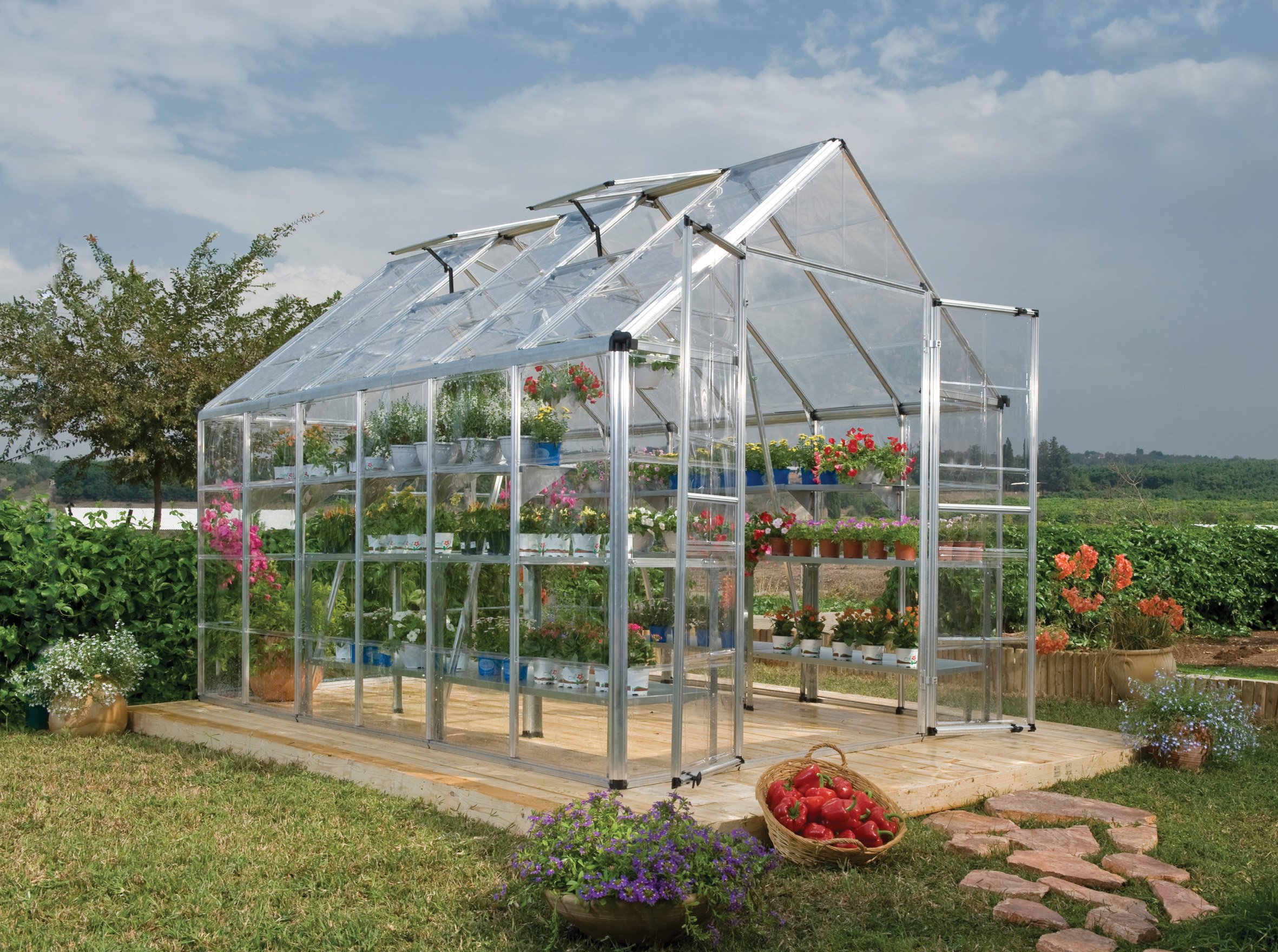 Palram - Canopia Snap & Grow 8 Ft. x 12 Ft. Greenhouse Kit Hobby DIY Walk In Green House Heavy Duty Polycarbonate, Aluminium Frame, with Lockable Door and Vent for Outdoors, Garden, Backyard In Silver