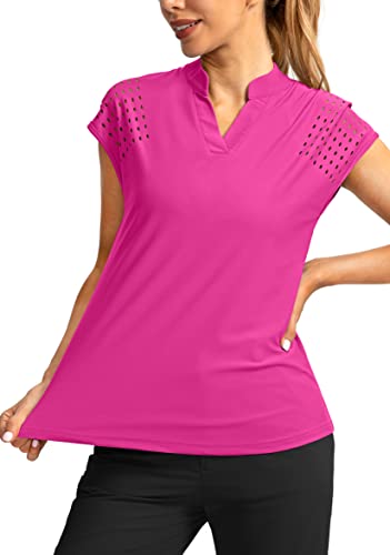 Soothfeel Women's Golf Shirt Cap Sleeve V Neck Polo Shirts Lightweight Quick Dry Workout Tennis Shirts Tops for Women(Rose, Large)