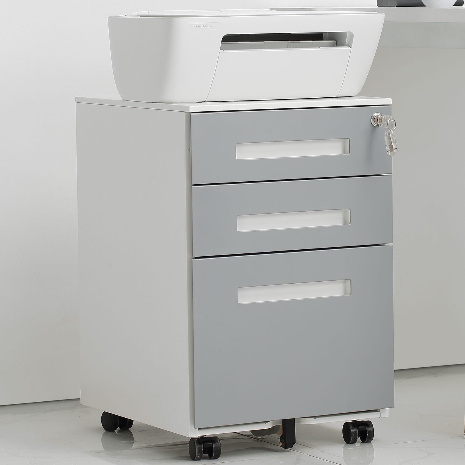 GOOGIC 3-Drawer Mobile File Cabinets, Rolling Metal Vertical Filing Cabinet for Legal & Letter File Anti-tilt Design with Lock Fully Assembled Except Wheel, Gray&White(Style 3)