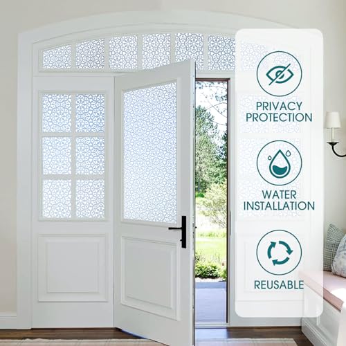 Coavas Window Privacy Film Static Cling, Non-Adhesive Removable Privacy Window Film, Frosted Glass UV Blocking Window Tint for Home, Office, Bathroom (White Lace 23.6 x 78.7 in)