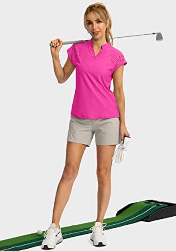 Soothfeel Women's Golf Shirt Cap Sleeve V Neck Polo Shirts Lightweight Quick Dry Workout Tennis Shirts Tops for Women(Rose, Large)