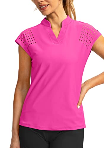 Soothfeel Women's Golf Shirt Cap Sleeve V Neck Polo Shirts Lightweight Quick Dry Workout Tennis Shirts Tops for Women(Rose, Large)