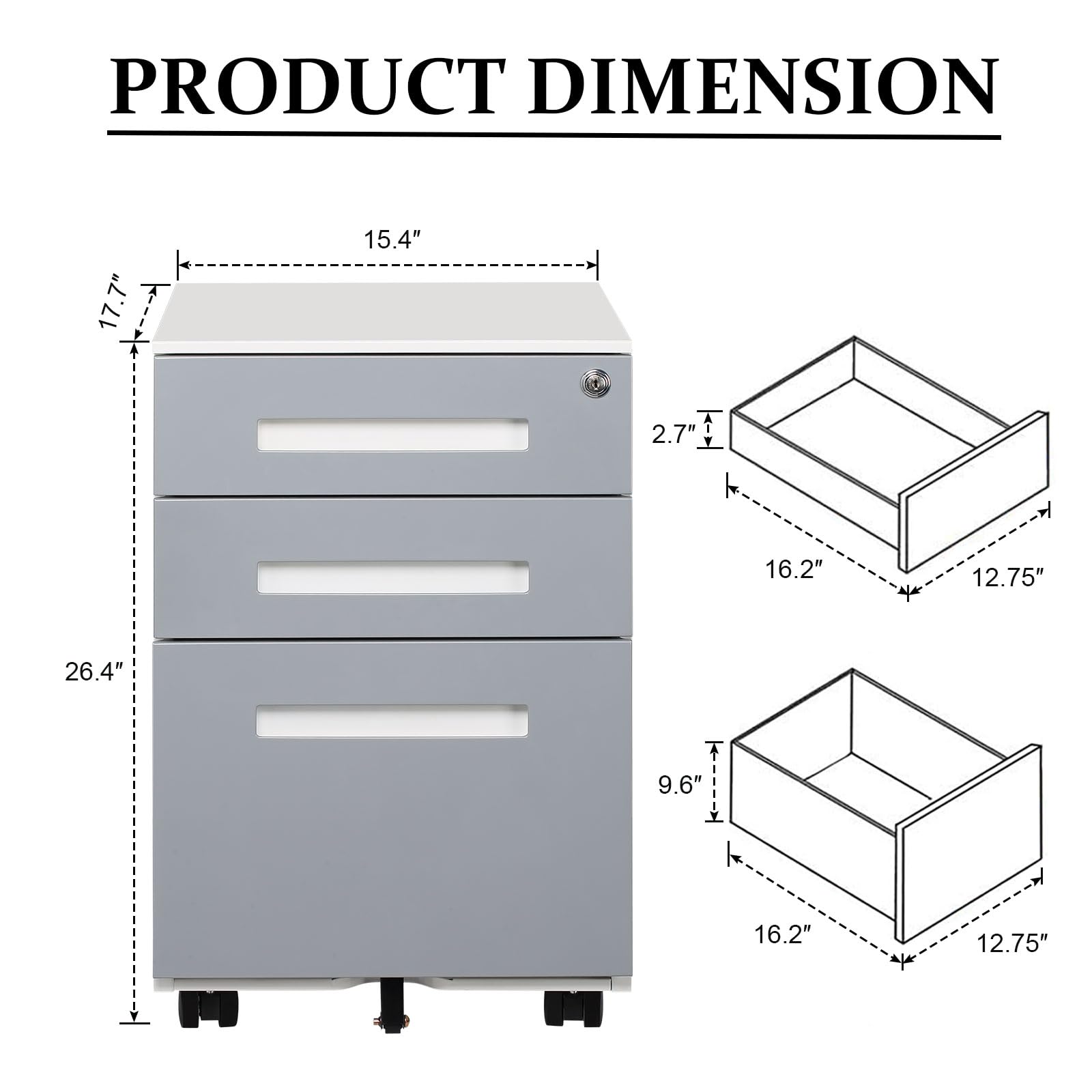 GOOGIC 3-Drawer Mobile File Cabinets, Rolling Metal Vertical Filing Cabinet for Legal & Letter File Anti-tilt Design with Lock Fully Assembled Except Wheel, Gray&White(Style 3)