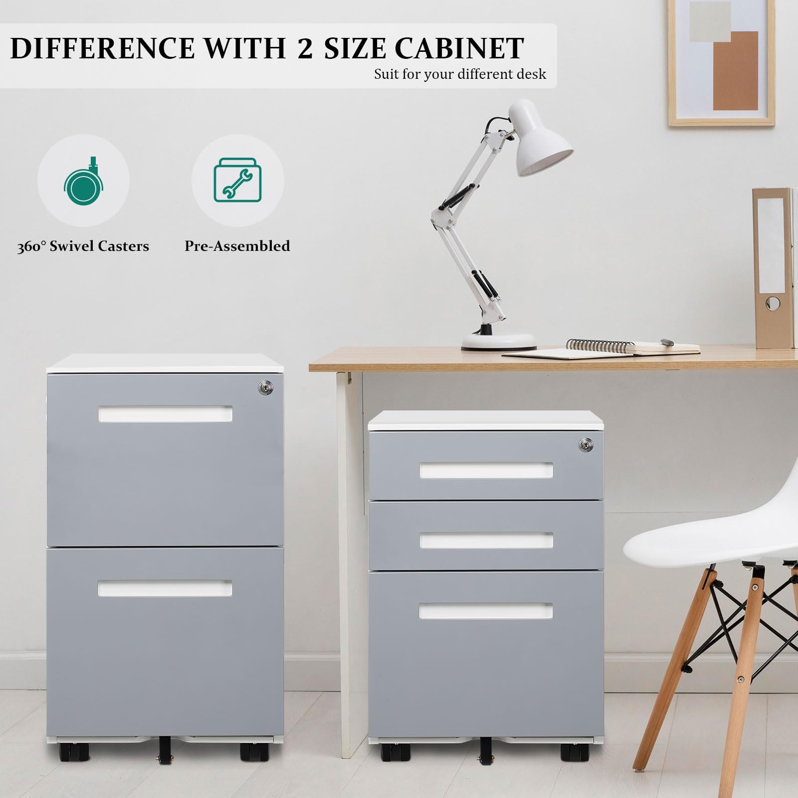 GOOGIC 3-Drawer Mobile File Cabinets, Rolling Metal Vertical Filing Cabinet for Legal & Letter File Anti-tilt Design with Lock Fully Assembled Except Wheel, Gray&White(Style 3)