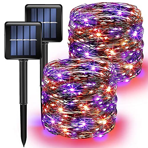 Purple and Orange Solar Halloween Lights Outdoor, Total 80 FT 240 LED Solar Powered Waterproof Fairy Lights 8 Modes Copper Black Wire Lights for Halloween Party Tree Wedding Yard Decorations, 2 Pack