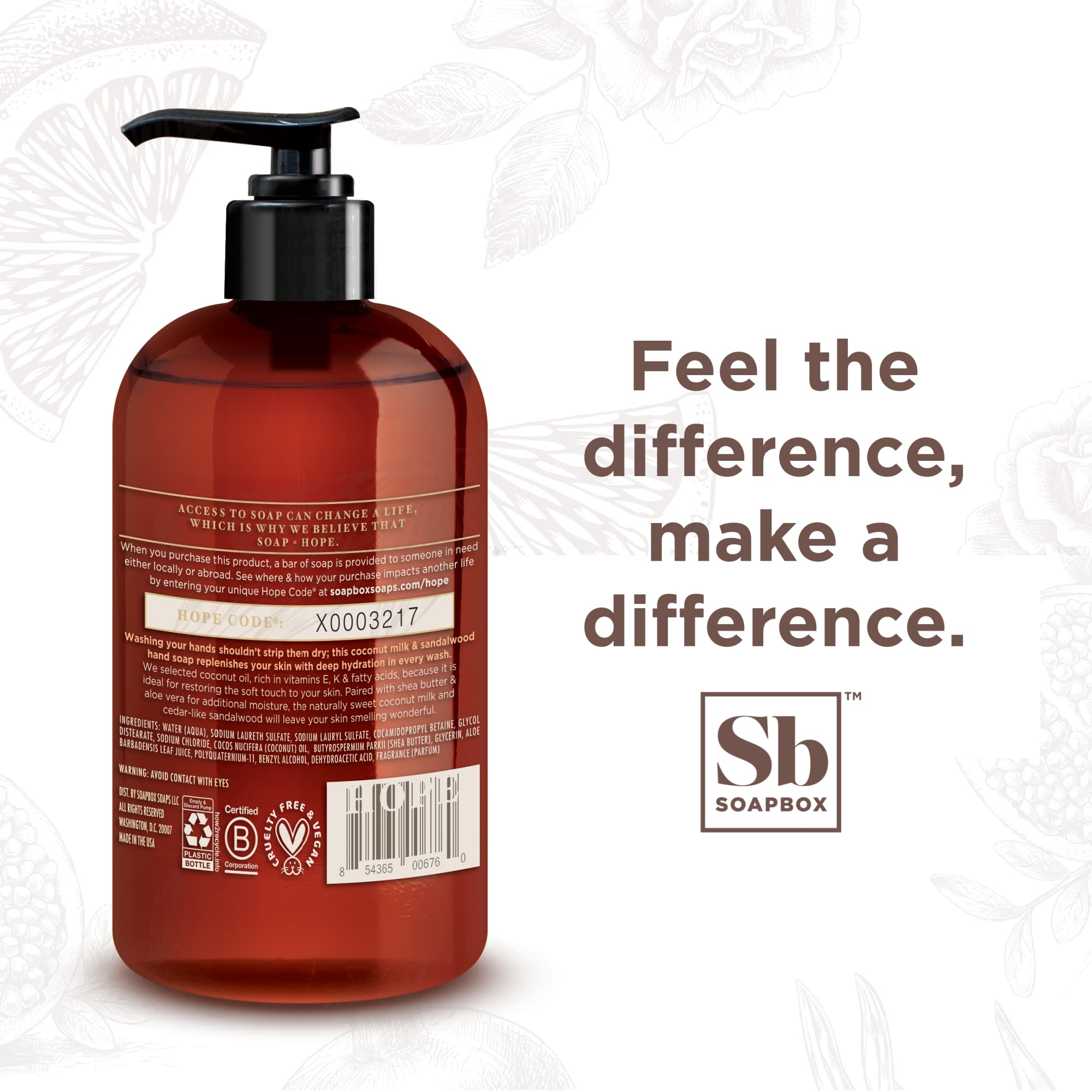 Soapbox Liquid Hand Soap, Coconut Milk & Sandalwood, Gentle & Moisturizing Hand Wash for Kitchen and Bathroom, Vegan & Cruelty Free Scented Hand Soap 12 Ounce Pump Bottles (Pack of 3)