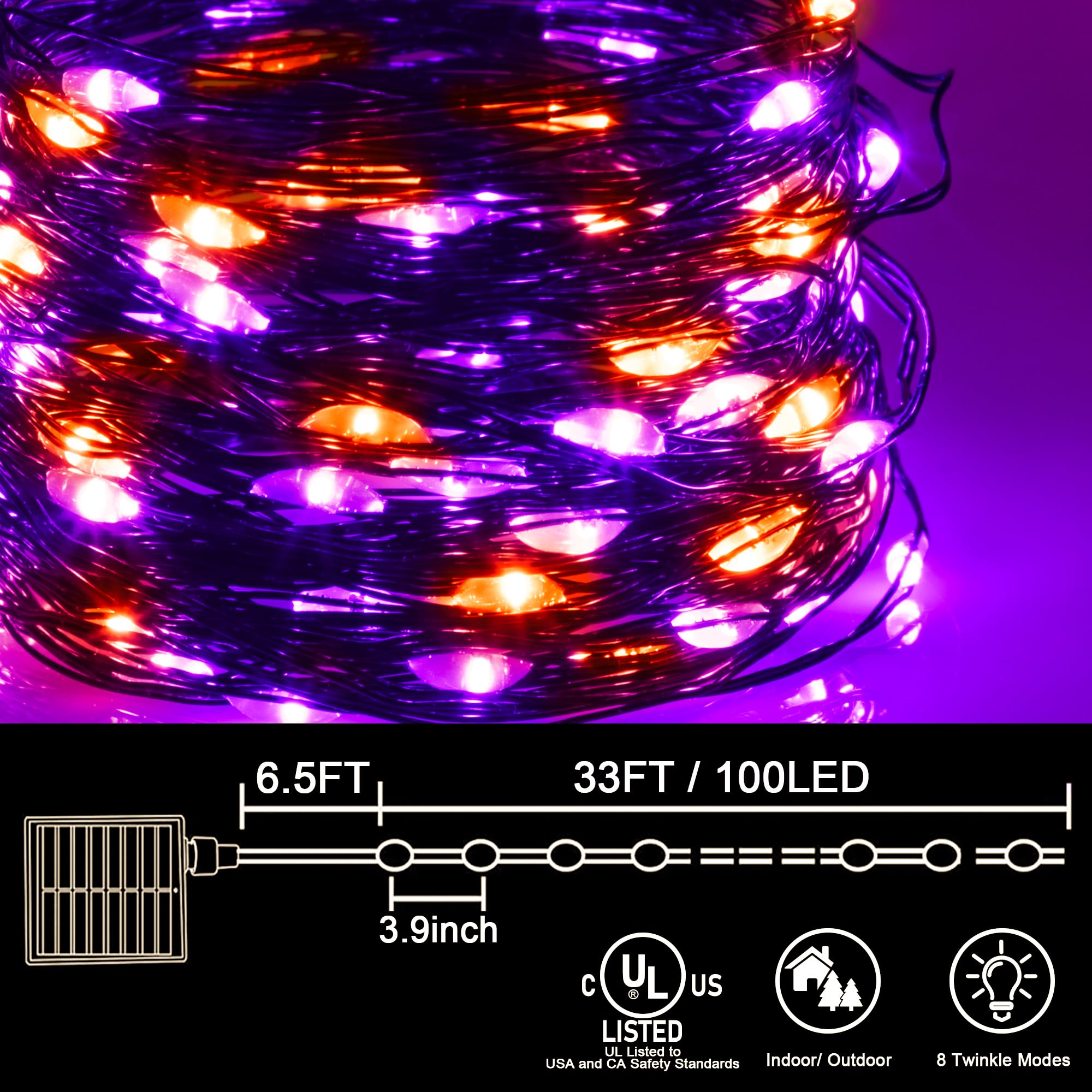 kemooie 2 Pack Total 200 LED Solar Halloween Lights, 8 Twinkle Modes Upgraded Solar Powered Fairy Lights, for Outdoor, Garden, Balcony Party Halloween Decorations (Purple and Orange)