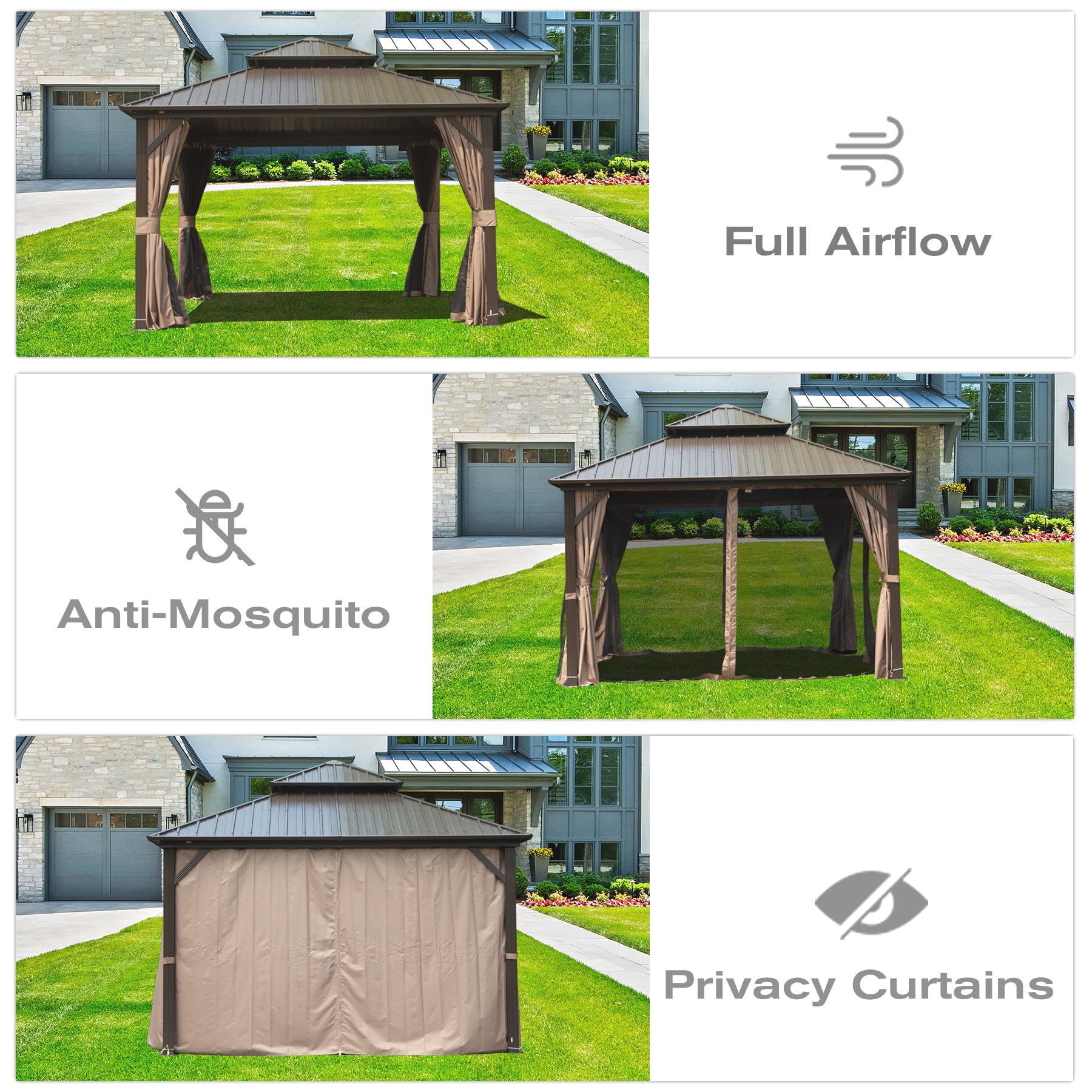 Domi 10' x 10' Hardtop Gazebo Permanent Metal Gazebo with Galvanized Steel Double Roof, Curtains and Netting for Party, Wedding, Outdoor Dining, Patio, Backyard, Brown