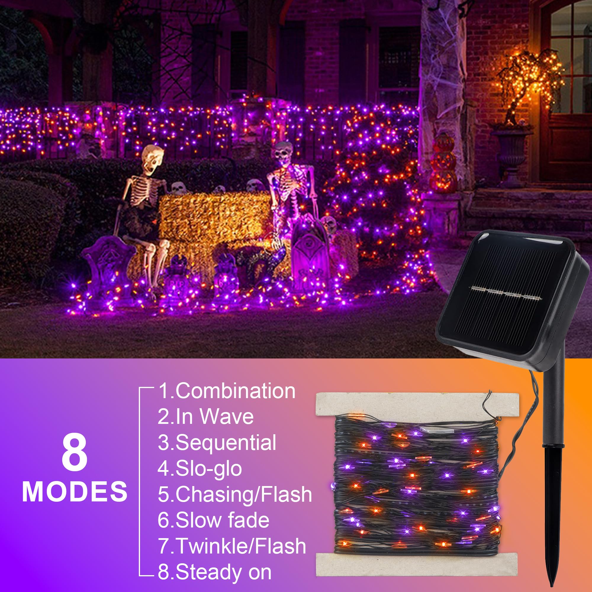 kemooie 2 Pack Total 200 LED Solar Halloween Lights, 8 Twinkle Modes Upgraded Solar Powered Fairy Lights, for Outdoor, Garden, Balcony Party Halloween Decorations (Purple and Orange)