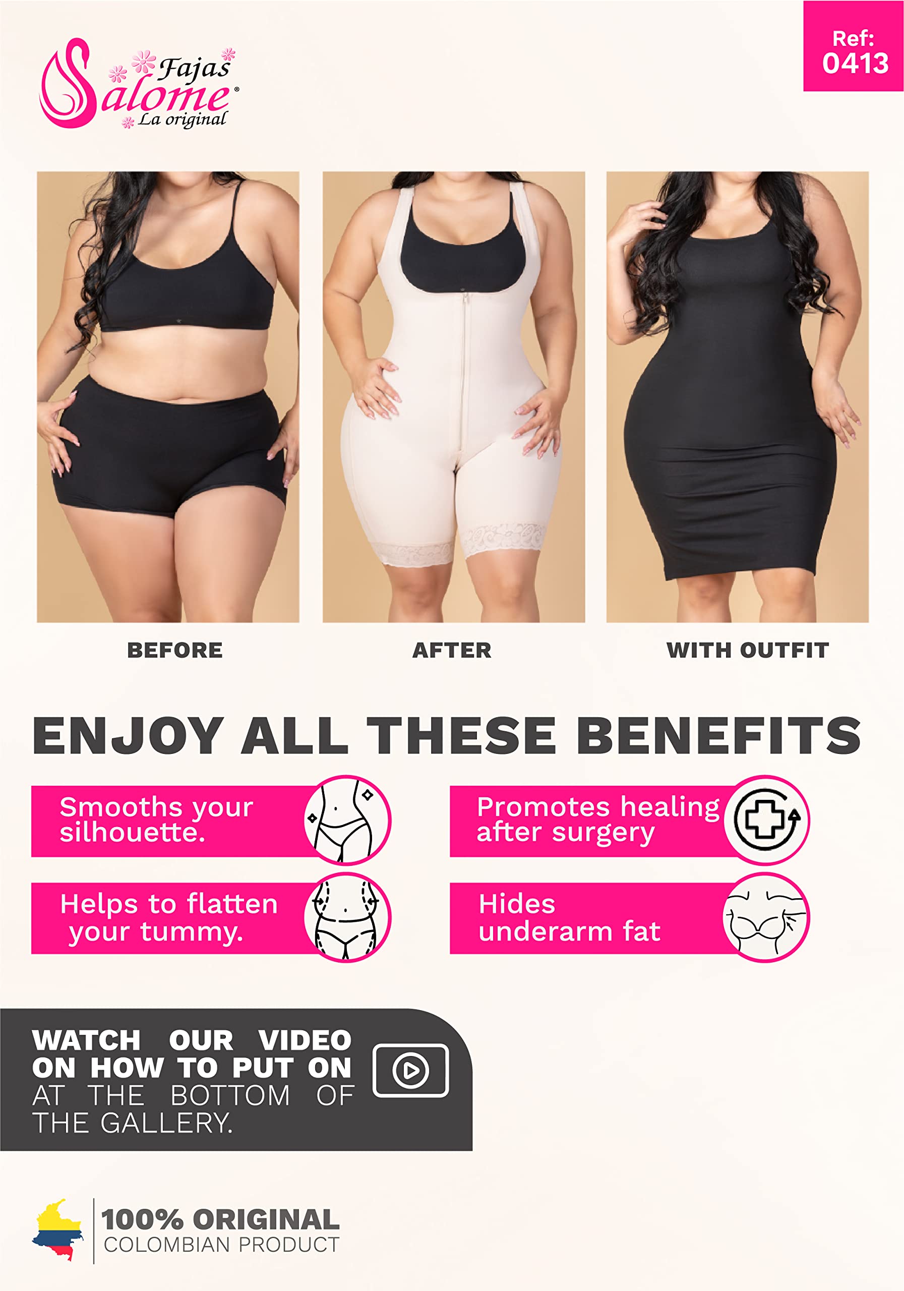 Salome 0413 Womens Butt Lifter Shapewear Fajas Colombianas Reductoras y Moldeadoras Black 3XL