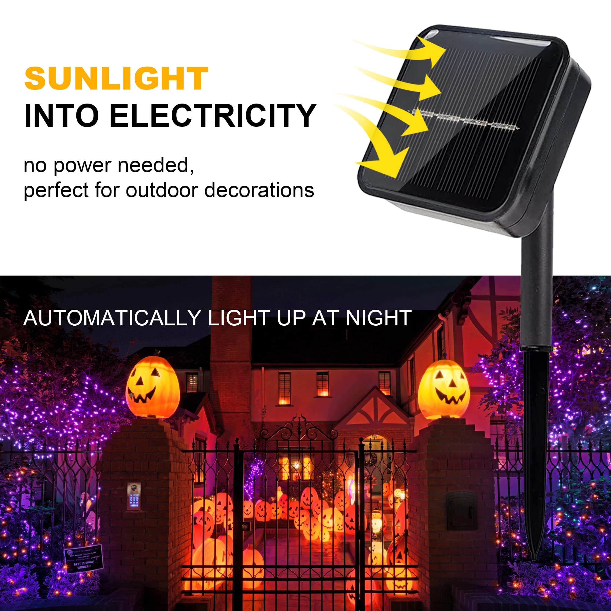 kemooie 2 Pack Total 200 LED Solar Halloween Lights, 8 Twinkle Modes Upgraded Solar Powered Fairy Lights, for Outdoor, Garden, Balcony Party Halloween Decorations (Purple and Orange)