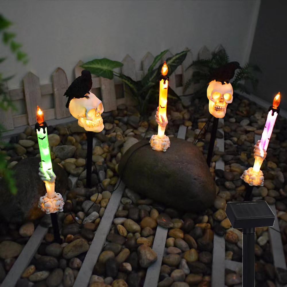 Halloween Outdoor Decoration Solar Lights,5 Pack Skull Candle Lights+Skull Solar Lights with Black Crow,Waterproof Solar Ghost Lights with Stakes,Stunning Halloween Decor for Lawn Yard Garden