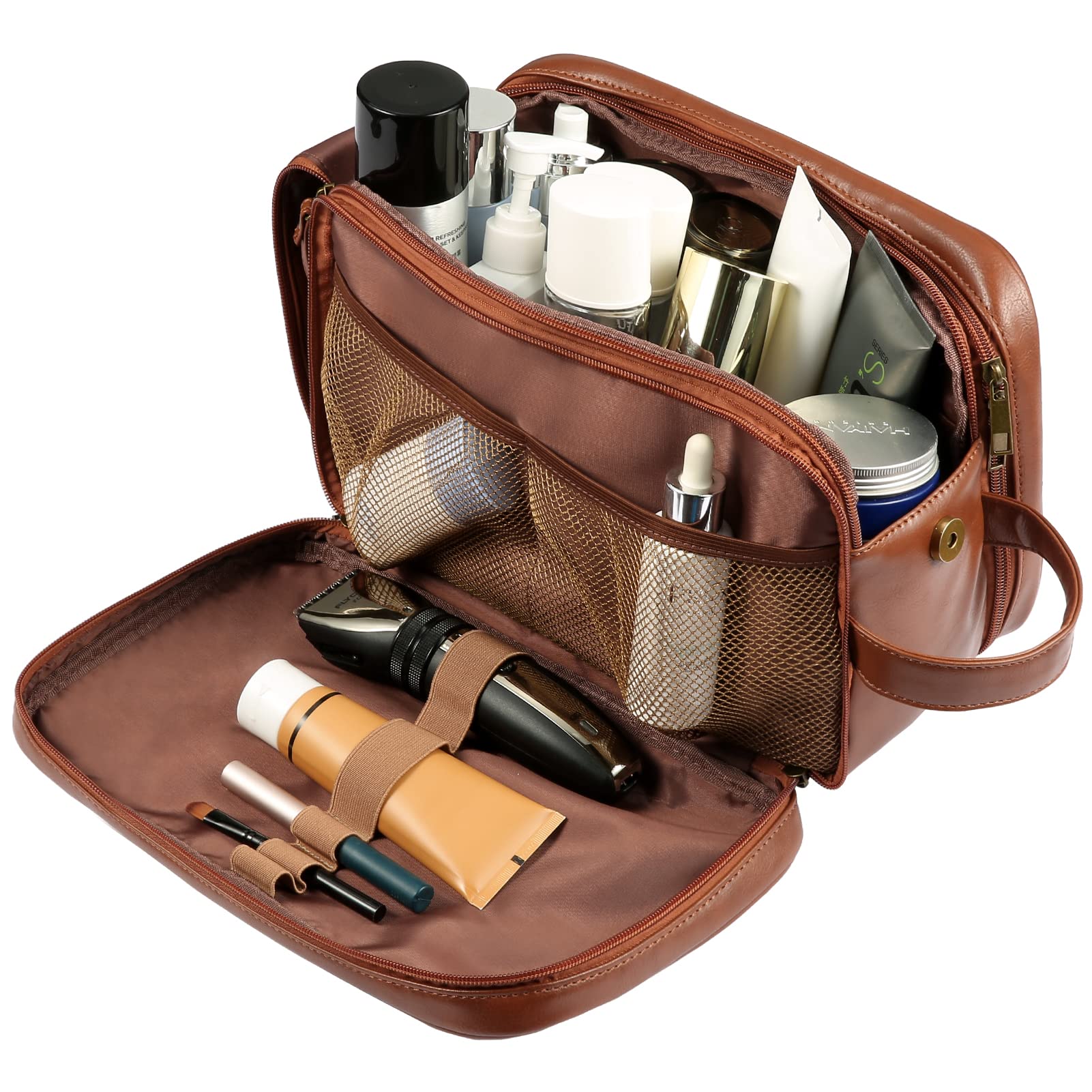 BNSPOCKET Personalized Leather Travel Toiletry Bag for Men, Large Travel Bathroom Shaving Dopp Kit, Large Cosmetic Bag Waterproof