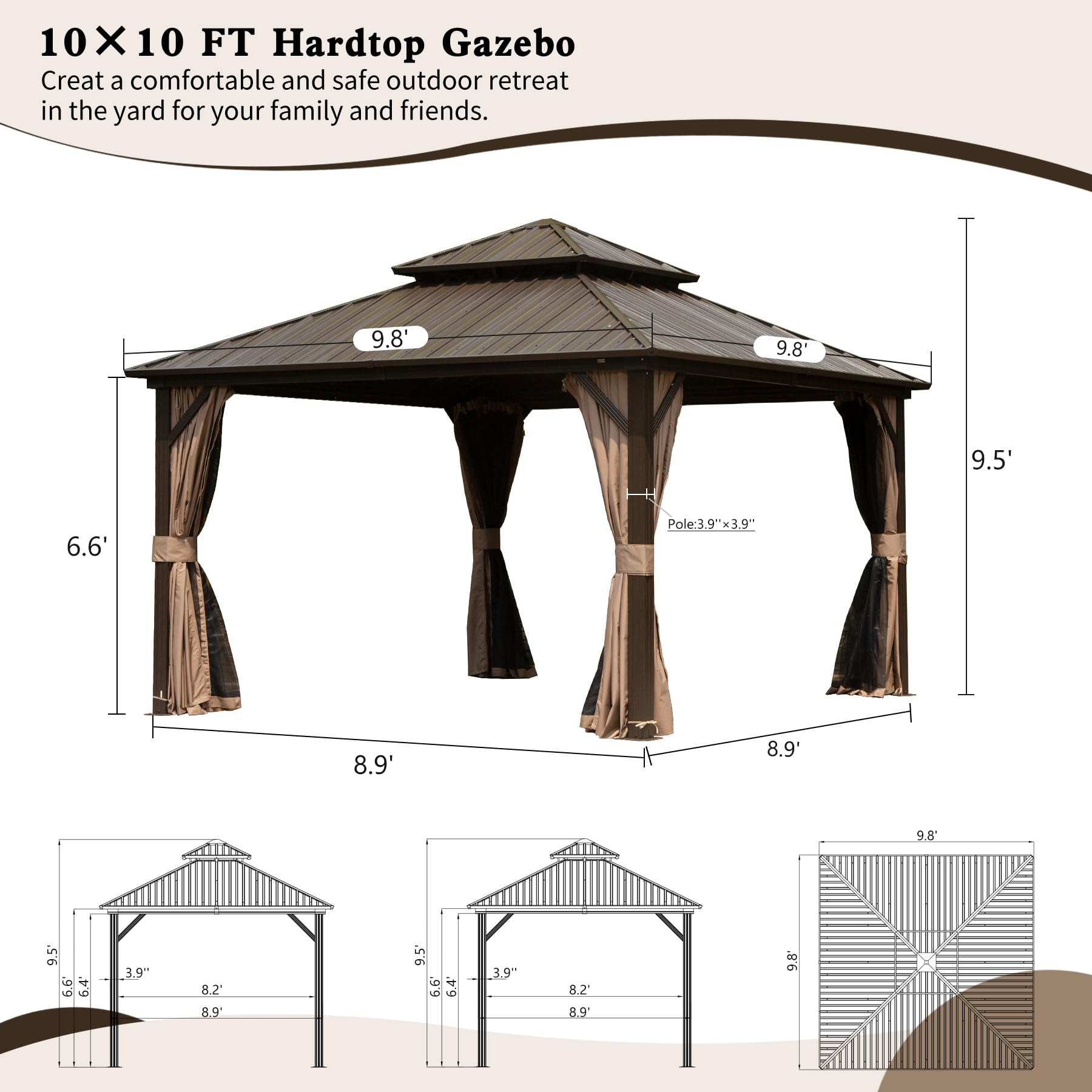 Domi 10' x 10' Hardtop Gazebo Permanent Metal Gazebo with Galvanized Steel Double Roof, Curtains and Netting for Party, Wedding, Outdoor Dining, Patio, Backyard, Brown