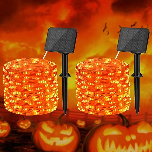 BOLWEO Halloween Solar Fairy Lights Outdoor, Orange String Lights 39.4Ft 120 LED, IP65 Waterproof Solar Outdoor Lights Backyard Deck Fence Patio Decor Diwali Halloween Decorations