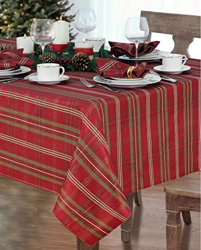 Newbridge Shimmering Plaid Metallic Christmas Fabric Tablecloth, Glitter Xmas Weave Holiday Cloth Tablecloth (8 Piece Napkin Set)