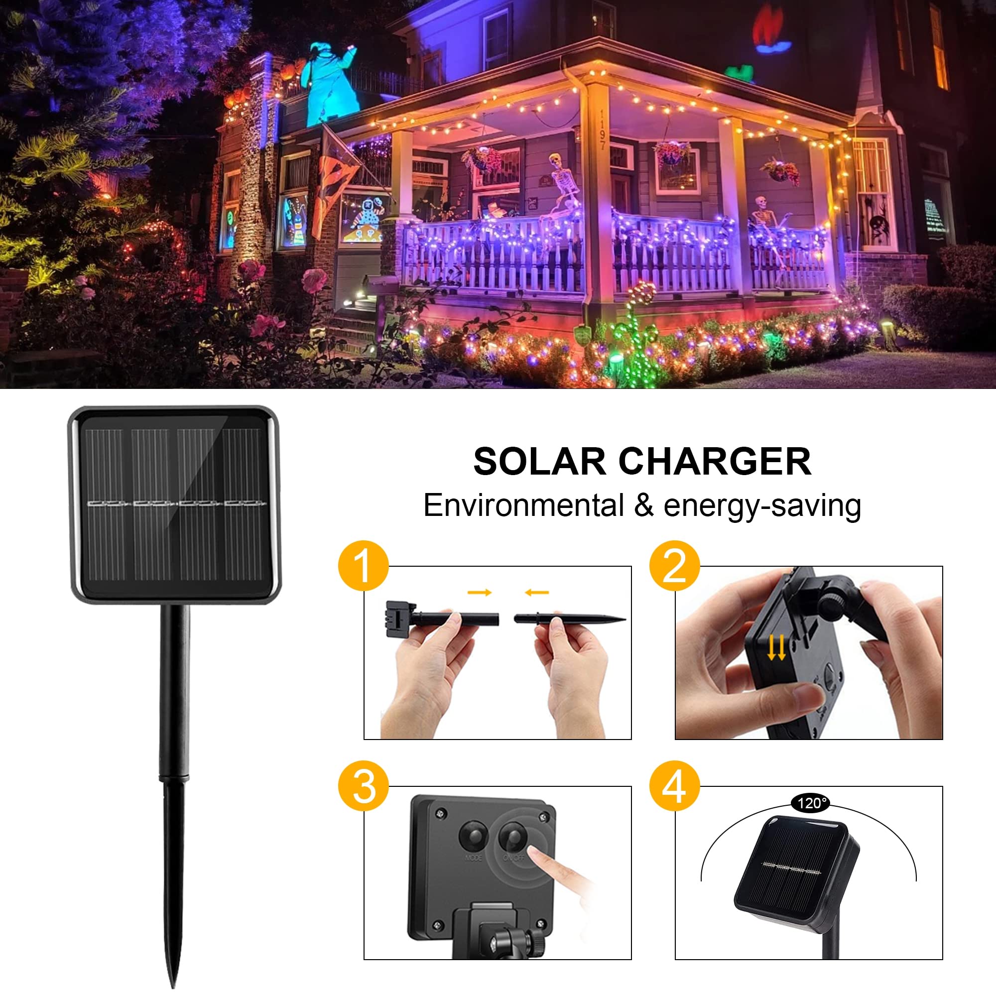 kemooie 2 Pack Total 200 LED Solar Halloween Lights, 8 Twinkle Modes Upgraded Solar Powered Fairy Lights, for Outdoor, Garden, Balcony Party Halloween Decorations (Purple and Orange)