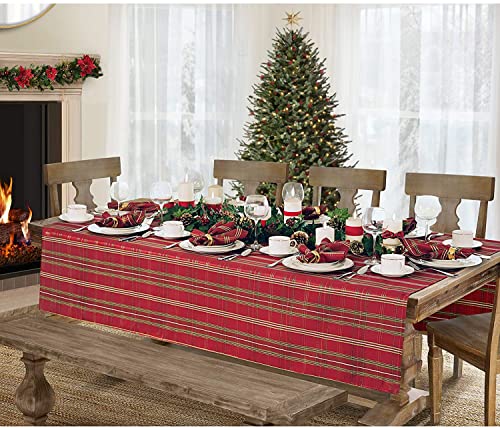 Newbridge Shimmering Plaid Metallic Christmas Fabric Tablecloth, Glitter Xmas Weave Holiday Cloth Tablecloth (8 Piece Napkin Set)