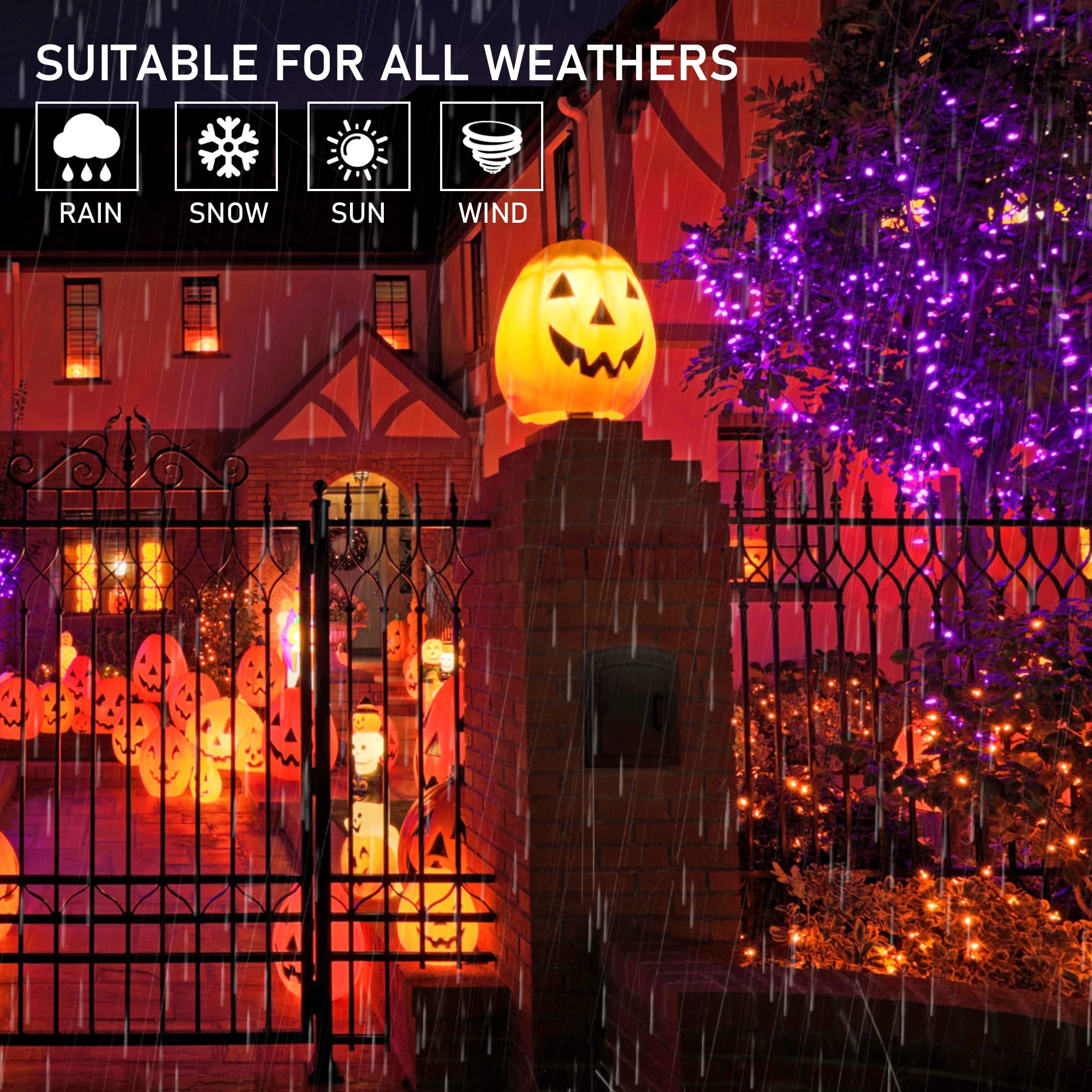 kemooie 2 Pack Total 200 LED Solar Halloween Lights, 8 Twinkle Modes Upgraded Solar Powered Fairy Lights, for Outdoor, Garden, Balcony Party Halloween Decorations (Purple and Orange)