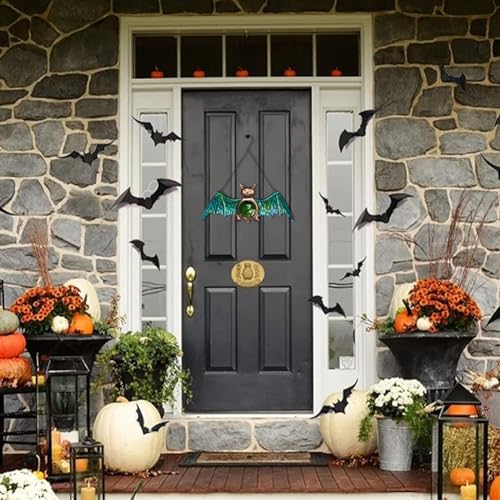 DREAMSKIP Hanging Bats Halloween Decoration, Halloween Bats Solar Lights Outdoor, Waterproof Halloween Lanterns for Yard, Outside, Party, Garden (Green)