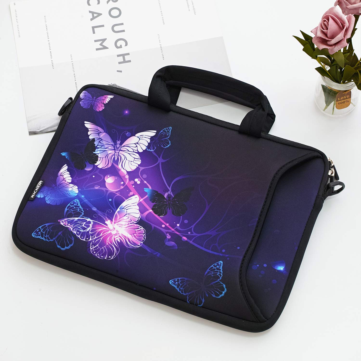 RICHEN 14 15 15.4 15.6 inch Laptop Shoulder Bag Notebook Handle Sleeve Neoprene Soft Carrying Travel Case with Accessories Pocket (14-15.6 inch, Butterflies)