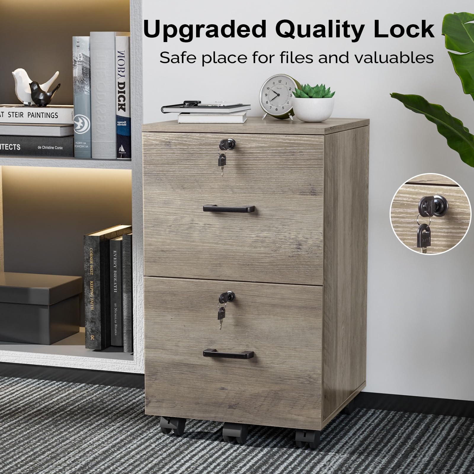 VINGLI 2 Drawer File Cabinet with Lock, Wood Rustic Gray File Cabinet for Letter Size File Folders with Tabs, Under Desk Rolling File Cabinets for Home Office, Mobile Filing Cabinet Printer Stand