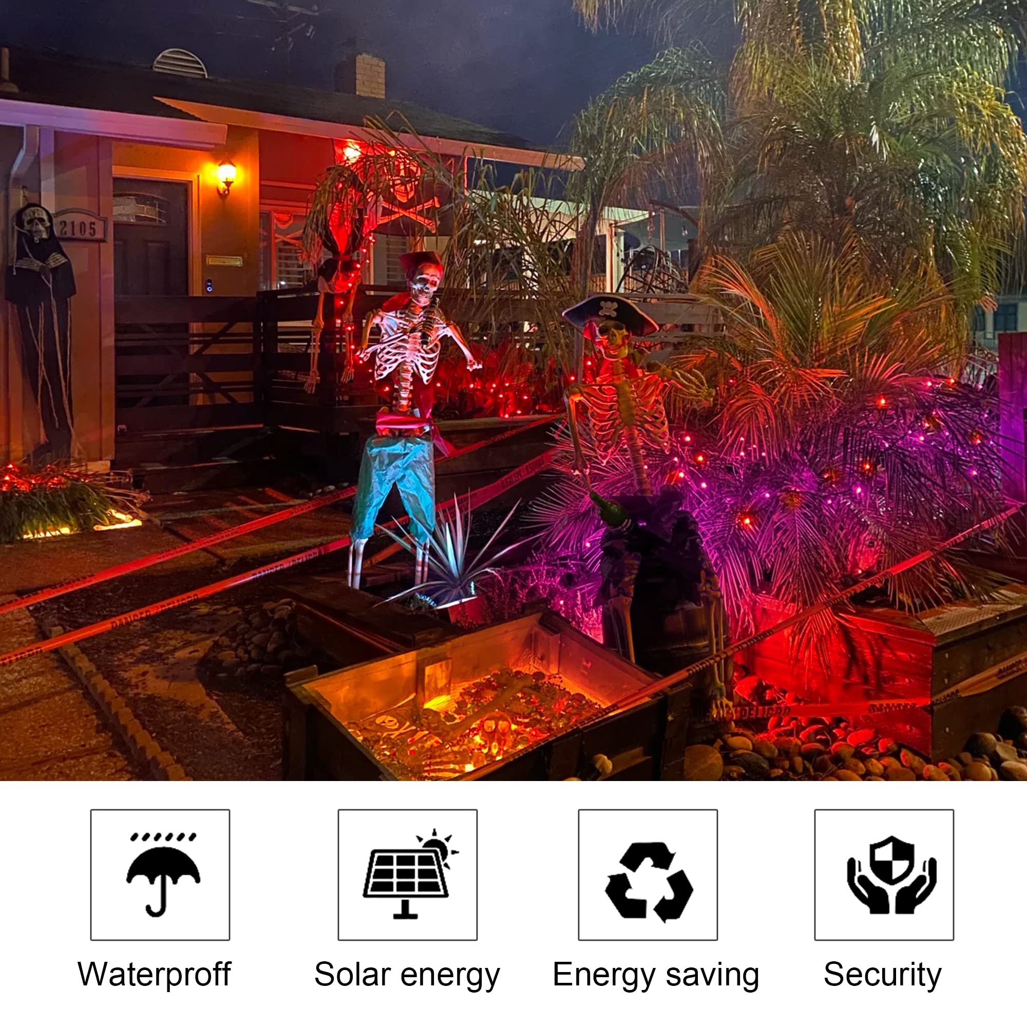 kemooie 2 Pack Total 200 LED Solar Halloween Lights, 8 Twinkle Modes Upgraded Solar Powered Fairy Lights, for Outdoor, Garden, Balcony Party Halloween Decorations (Purple and Orange)