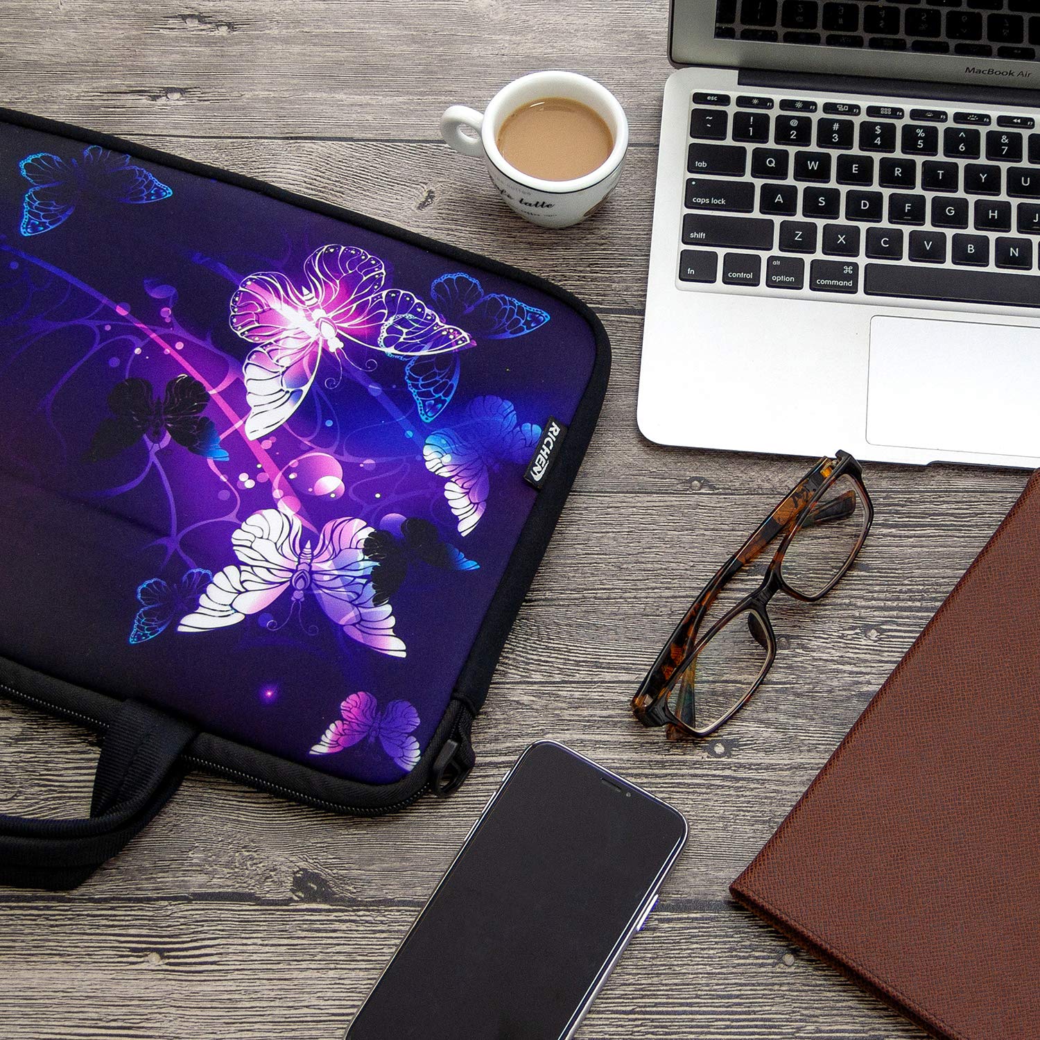 RICHEN 14 15 15.4 15.6 inch Laptop Shoulder Bag Notebook Handle Sleeve Neoprene Soft Carrying Travel Case with Accessories Pocket (14-15.6 inch, Butterflies)
